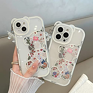 Shinymore Compatible with iPhone 14 Pro Max Case, Cute Flowers Bear Camera Protector Clear Case Cover with Lovely Strap Bracelet Chain Girls Women Case for iPhone 14 Pro Max