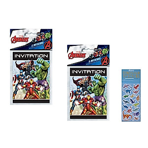 Unique Avengers Birthday Party Supplies Bundle Pack includes 16 Party Invitations with Envelopes and 1 Dinosaur Sticker Sheet