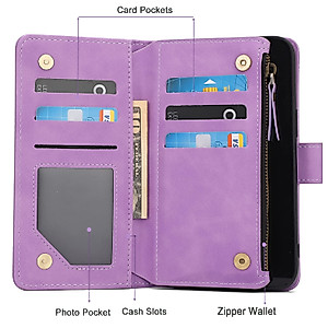RANYOK Wallet Case for iPhone 14 Pro Max (6.7 inch) with Card Holder, Premium PU Leather with RFID Blocking Zipper Flip Folio Wallet Wrist Strap Magnetic Clasp Kickstand Protective Case-Purple