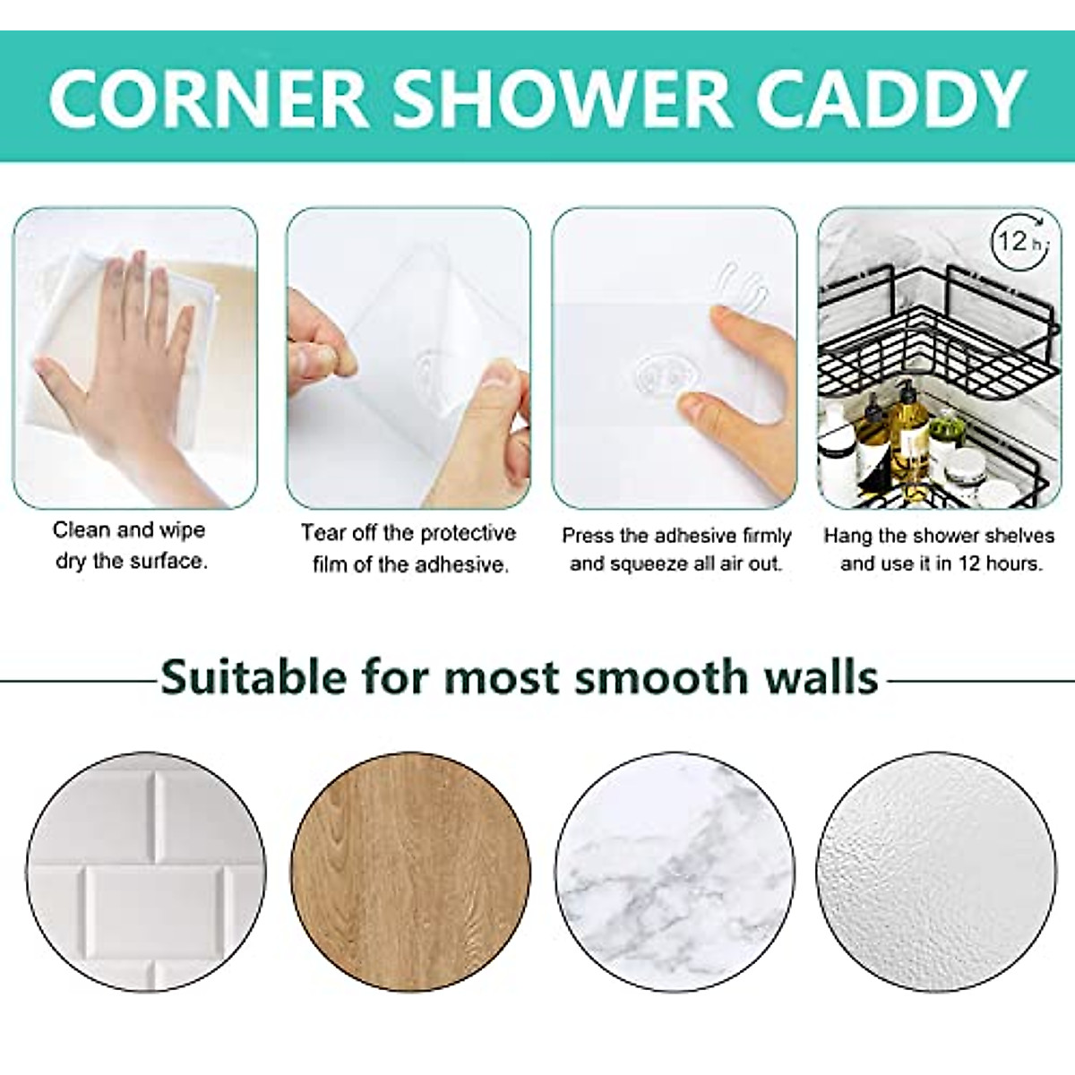 Corner Shower Caddy, Bathroom Accessories for Bathroom Storage, 2-Pack No Drilling RustProof Stainless Steel Shower Rack Wall Shelves Organizer, 1 Soap Holder with 8 Adhesive Hooks, Black