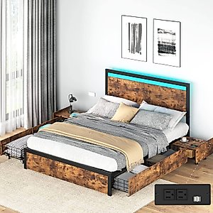 Meitewei Queen Bed Frame with 4 Storage Drawers and 2 Nightstands, Bed Frame with LED Headboard and Charging Station, Metal Platform Bed Frame, No Box Spring Needed, Vintage Brown