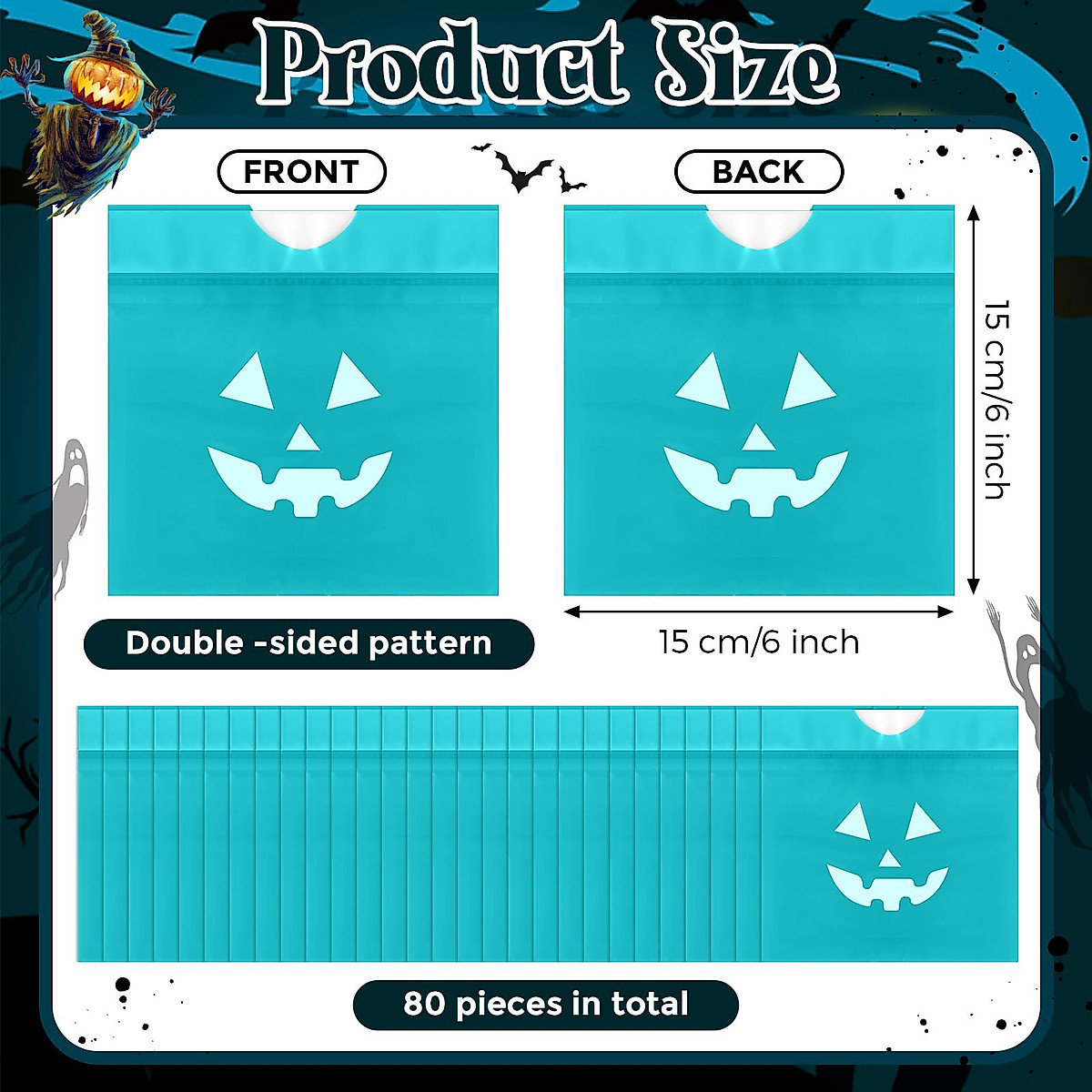 80 Pcs Halloween Drawstring Candy Bags Halloween Goody Bags Grimace Pumpkin Halloween Bags Small Party Treat Bags Trick or Treat Bags Plastic Goodie Bags for Halloween Party Favor (Teal)