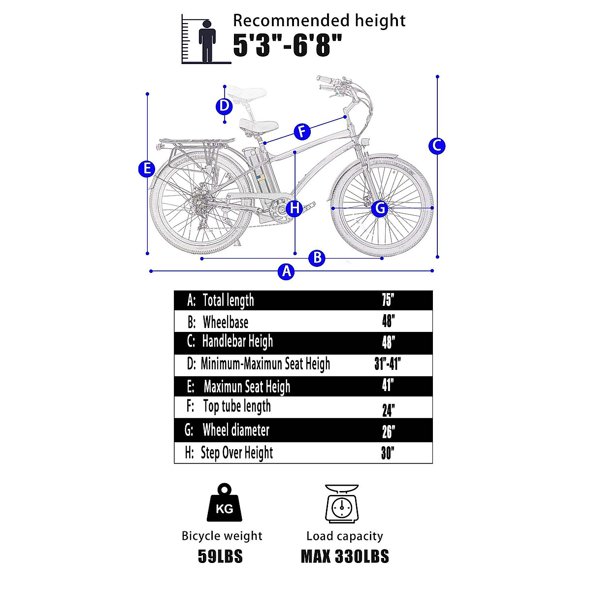 26" 48V 500W 13Ah Step-Thru/Step-Over Beach Cruiser Electric Bicycle City E-Bike Mountain Bike (Fit 5Ft 3in to 6Ft 8in) (Step Over Black)