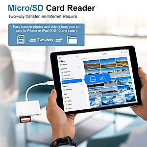 SD Card Reader for iPhone iPad, 4 in 1 Trail Game Camera Memory SD Card Viewer, Portable USB 3.0 OTG Adapter Compatible SD/TF Card for iPhone Adapter with Simultaneous Charging Port, Plug and Play