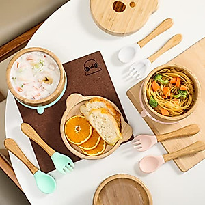 Baby Bowls with Lid - HBM Bamboo Suction Bowls for Baby and Spoon Set - 3PC Feeding Supplies Set for Infant, Toddlers - Detachable Silicone Suction Stay Put Base for Wooden Bowl - BPA Free （Marble）