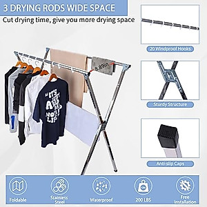 DAMGOLOZA Clothes Drying Rack, 95 Inches Portable Heavy Duty Stainless Steel Laundry Drying Rack, Foldable & Length Adjustable with 20 Windproof Hooks for Indoor Outdoor