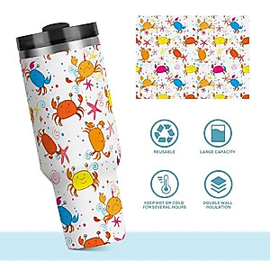 SDMKA 30oz Stainless Steel Tumbler with Straw and Handle, Vacuum Insulated Double-Walled Travel Mug, BPA-Free Leakproof Cup for Hot/Cold Beverages, Colorful Cartoon Crabs