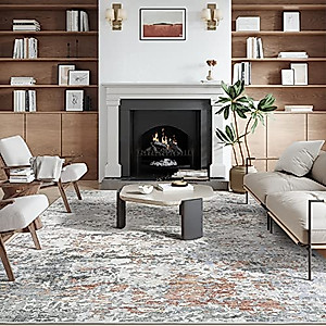 Miukiki Rugs Washable Area Rug - 9x12 Large Living Room Rug, Non-Slip Ultra-Thin Low Pile Bedroom Mat, Abstract Lightweight Floor Carpet for Dining Room Kitchen (Orange/Grey, 9' x 12')