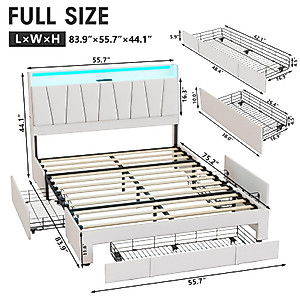 Fameill Full Size Bed Frame with Storage Headboard and 3 Drawers,Upholstered Platform Bed with Charging Station,Full Bed Frame with LED Lights,No Box Spring,Beige