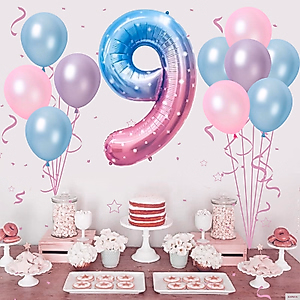 40 Inch Gradient Blue Pink Number 9 Balloon, 9th Birthday Balloons, 11Pcs Pearl Light Purple Pink Blue Latex Balloons 9 Foil Balloon for Kids Girl 9th Birthday Mermaid Party Decorations Anniversary
