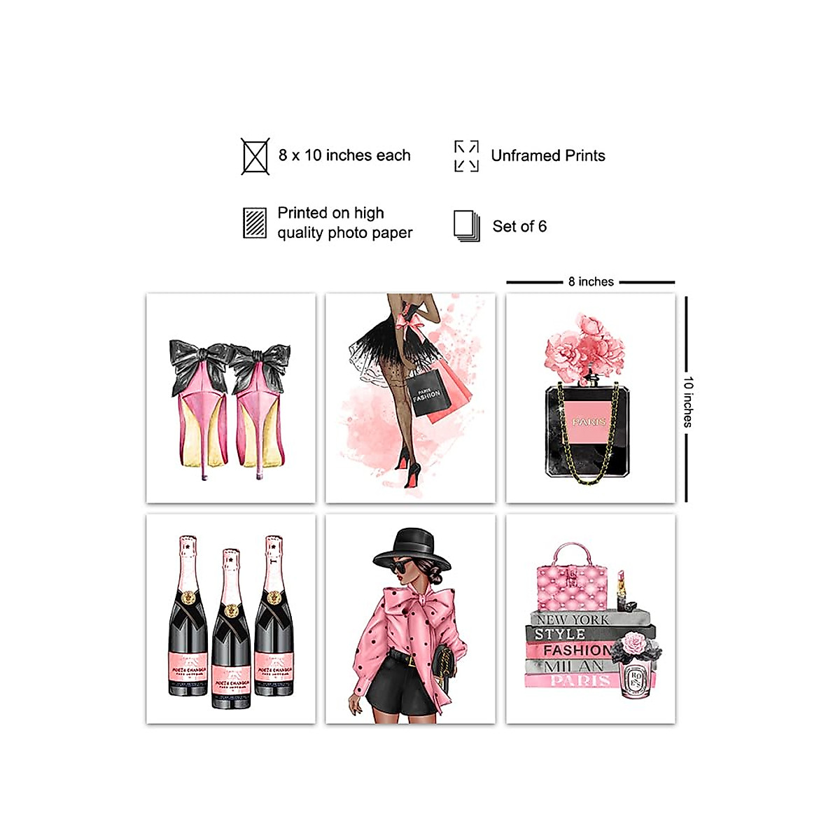 African Americans Wall Decor - Black Wall Art - Glam Wall Art - Designer Perfume, Handbags Shoes - High Fashion Design Set - Pink Glamour Luxury Couture Wall Decor for Women, Girls Bedroom, Teens Room
