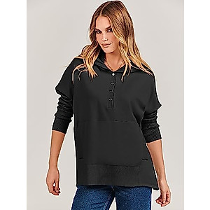 ANRABESS Women Casual Henley Hoodies Oversized Sweatshirt Ribbed Knit Long Sleeve Shirts Buttons V Neck Loose Baggy Sweater Hooded Pullover Fashion 2023 Fall Clothes 1064heise-S Black