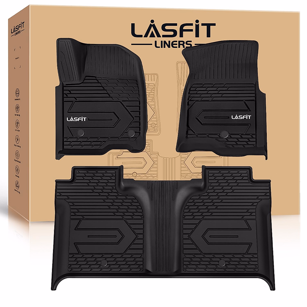LASFIT Floor Mats for Chevy Silverado GMC Sierra 1500 2019-2025, 2020-2025 SLV/SRA 2500 3500 HD Crew Cab (with Rear Under-Seat Storage) All Weather Protector TPE Car Liners, 1st & 2nd Row, 3pcs Black