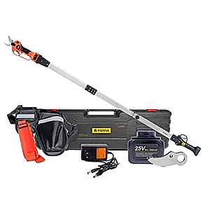 Cordless Pruning Shears, Electric Pruner with 7.5 Foot High Reach Extension Pole, Tool Belt, 2 Pack 25V Lithium Battery, SK5 Blades, 1.6 Inch Cutting Diameter, LCD Display Screen