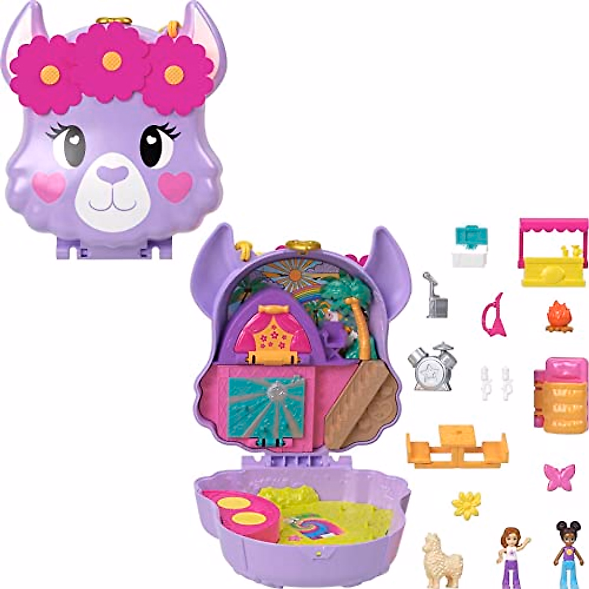 Polly Pocket Compact Playset, Llama Camp Adventure with 2 Micro Dolls & 13 Accessories, Travel Toy with Surprise Reveals