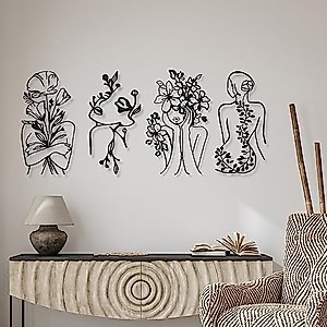 Therwen 4 Metal Minimalist Abstract Woman Wall Art Decor Line Drawing Modern Single Line Female Home Decor Hanging Abstract Woman Body Shape Art Print for Bedroom Living Room Bathroom, 17 x 10 in