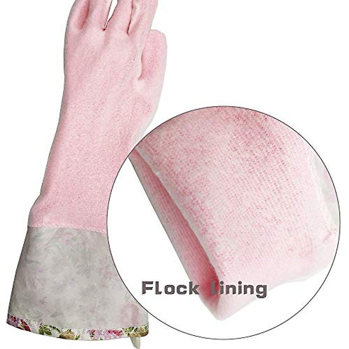 KINGFINGER Rubber Latex Waterproof Dishwashing Gloves,2 Pair Medium Long Cuff Flock Lining Household Cleaning Gloves