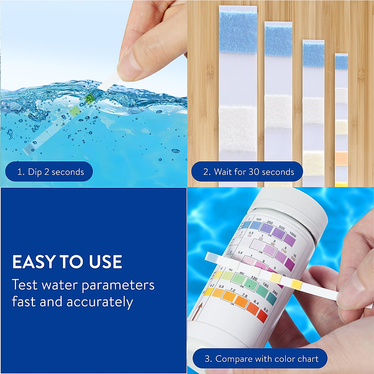 BOSIKE 6 in 1 Hot Tub Test Strips - 125 ct - Water Testing Kit for Swimming Pool & Spa - Tester for Hardness, Total & Free Chlorine, Bromine, Alkalinity & pH