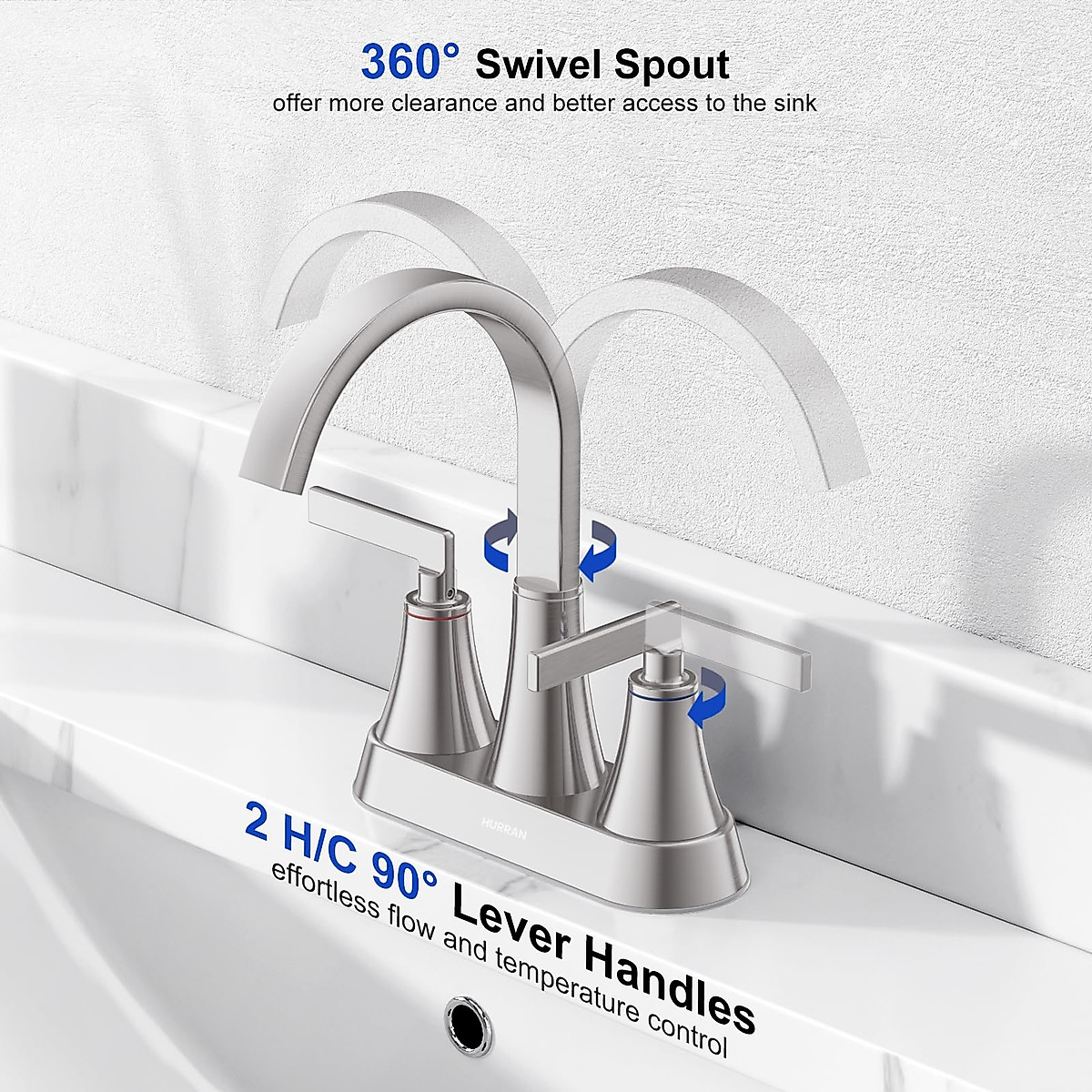 Bathroom Sink Faucet, Hurran 4 inch Brushed Nickel Bathroom Faucets for Sink 3 Hole with Pop-up Drain and Supply Lines, Stainless Steel 360 Swivel Waterfall Faucet for Bathroom Sink Vanity RV Restroom