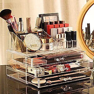 Cq acrylic 2 Pack Clear Skincare Organizer for Vanity,Stackable 3 Drawers Make Up Organizers,Cute Cosmetic Organizer for Vanity Jewelry,Hair Clip,Beauty,Skincare Product Dresser Acrylic Desk Organizer