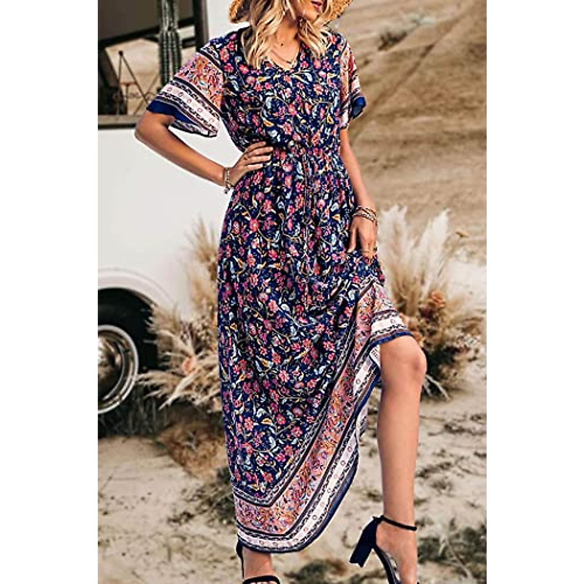PRETTYGARDEN Women's Casual Summer Boho Floral Print Dress V Neck Short Sleeve High Waist Long Maxi Beach Dresses (Navy,Medium)