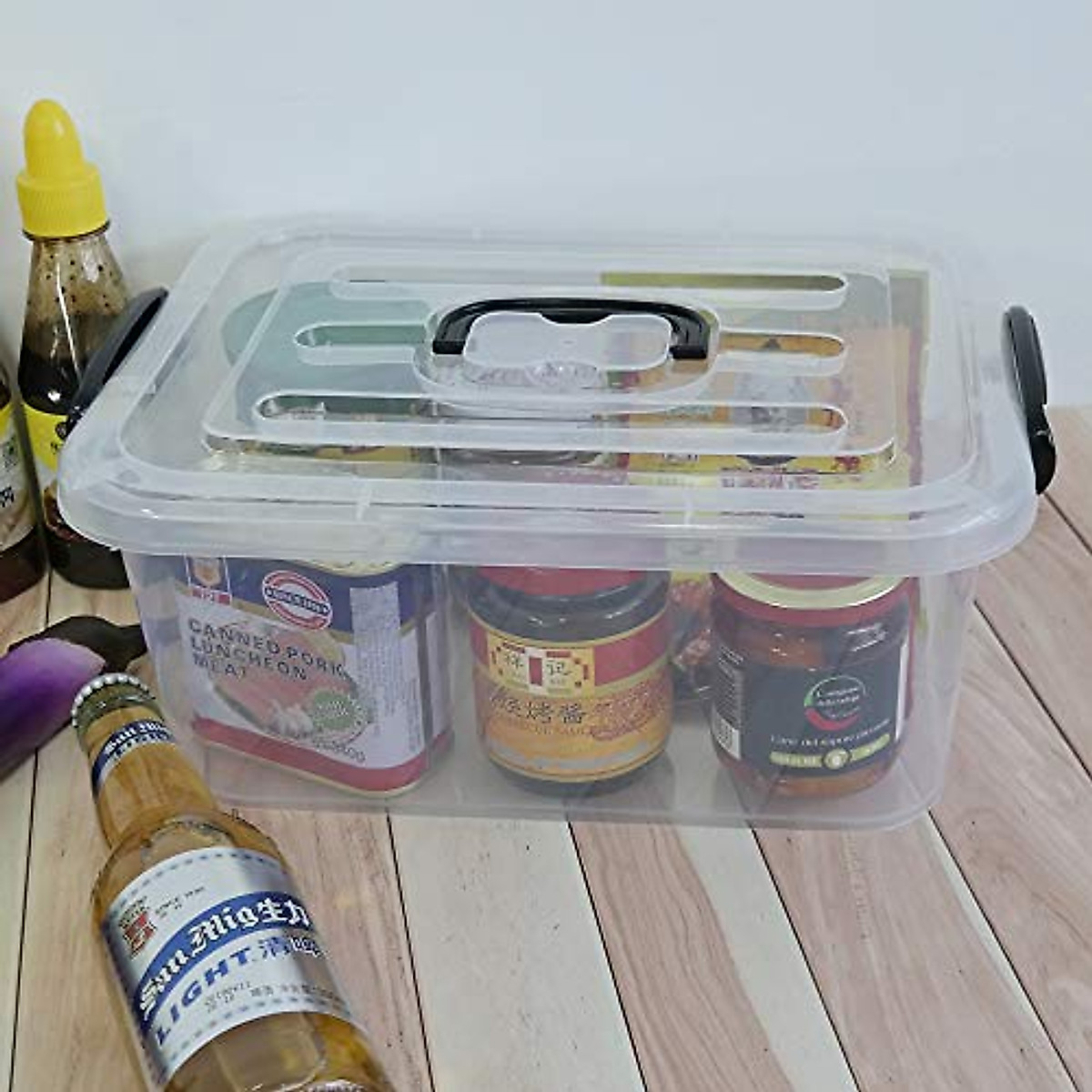 Xowine 8 L Plastic Storage Boxes, Clear Storage Bin with Black Handle, 2-Pack