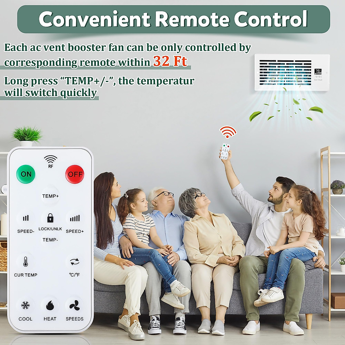 Feekoon 1 Pack Smart Quiet Register Booster Fan, 4'' x 10'' AC Vent Booster Fan with Intelligent Thermostat Control and Remote Control, Cooling Heating White Vent Fan Booster, 160 CFM