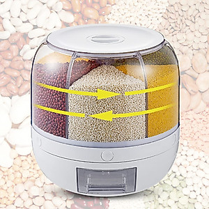 KONKENIE 6 Grids Rotatable Grain Storage Tank with Lid 10kg Rice Cereal Bean Flour Plastic Container 360° Rotating Round Dry Food Dispenser for Home Kitchen Pantry Store White&Clear (9.5x10.6x10.6in)