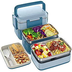 JSCARES Stainless Steel Bento Box Adult Lunch Box, 3 Stackable Bento Lunch Containers, Portable Modern Style Adult Bento Box, Leakproof 51OZ Bento Lunch Box for Kids and Adults (Blue)