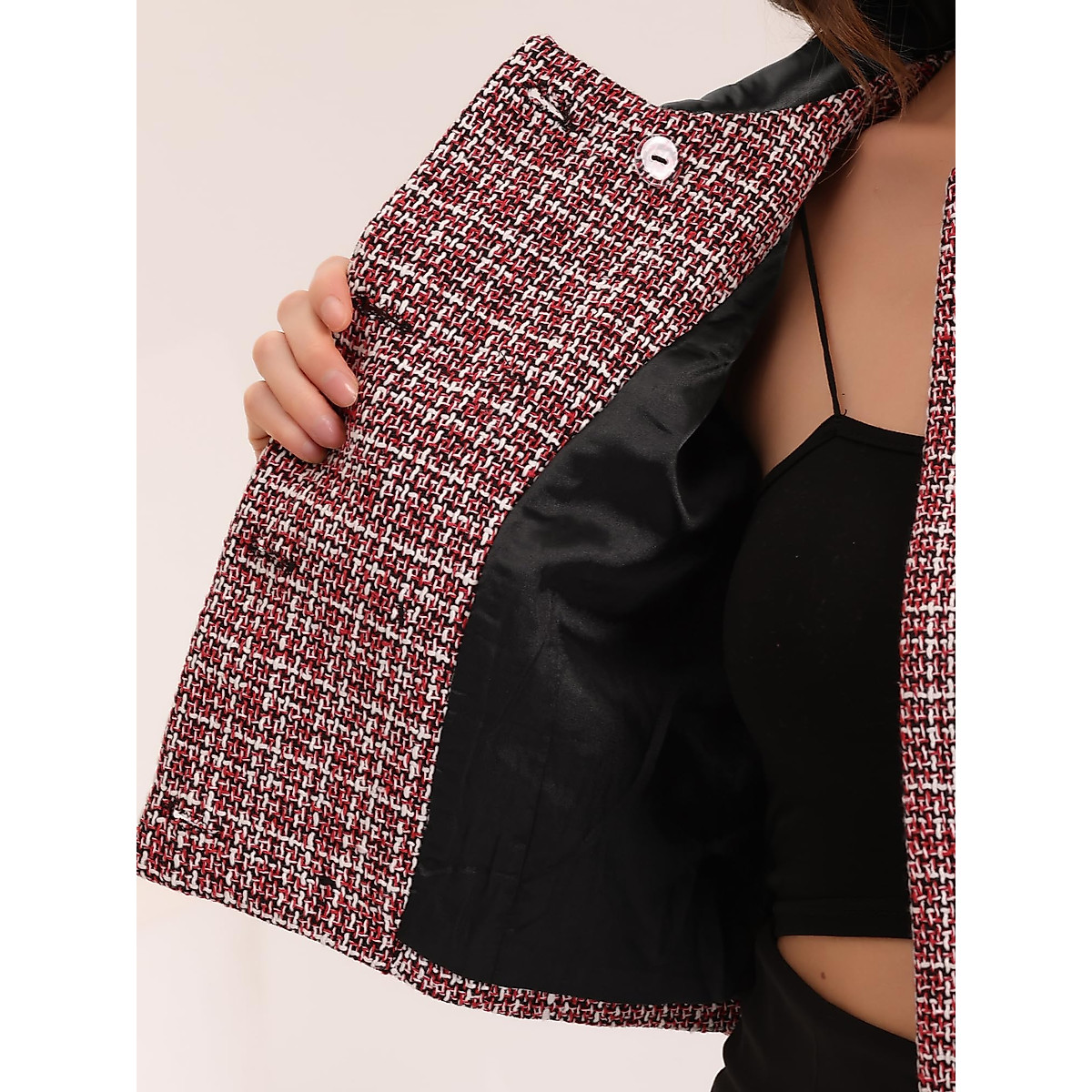 Allegra K Tweed Plaid Blazer for Women's Contrast Collar Double Breasted Vintage Cropped Jackets X-Large Red