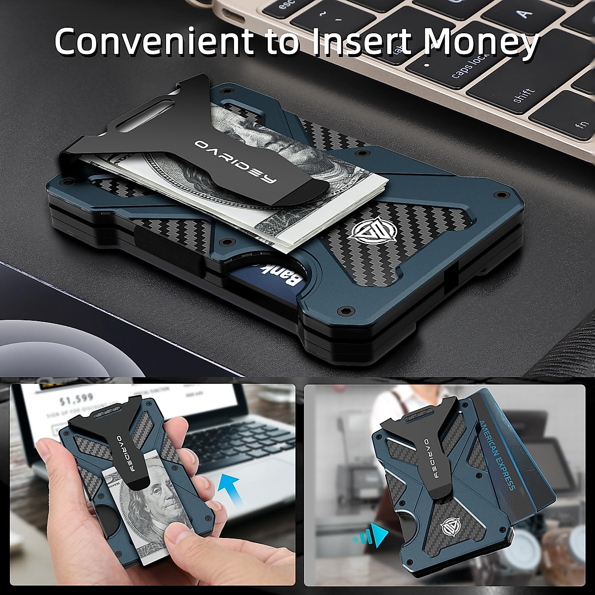 Minimalist Wallet for Men- Slim Aluminum Metal Money Clip Wallet with Clear ID Card Holder, Carbon Fiber Wallet, RFID Blocking, Holds up 15 Cards with Cash Clip, Ultra-Thin Tactical Wallet-Navy Blue