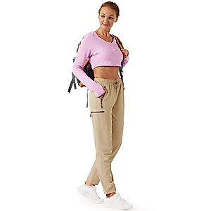 Women's Hiking Cargo Pants Outdoor Lightweight Quick Dry Water Resistant UPF 50+ Capris Pants with Zipper Pockets Khaki M