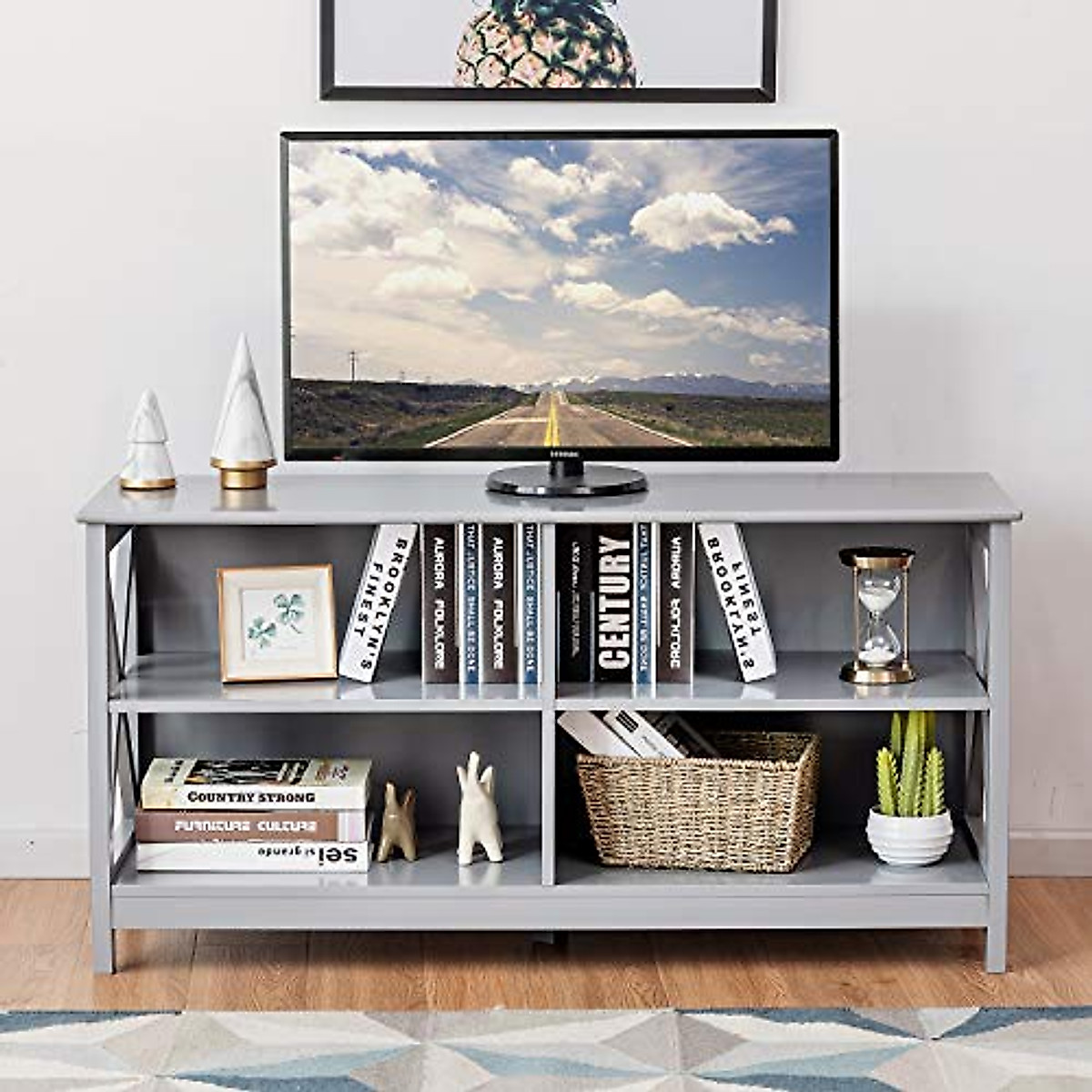 Tangkula TV Stand for TVs up to 55 Inches, 47" Farmhouse Entertainment Center with 4 Open Shelves & Built-in Cable Holes, TV Console Table with X-Shaped Frame for Living Room (Grey)