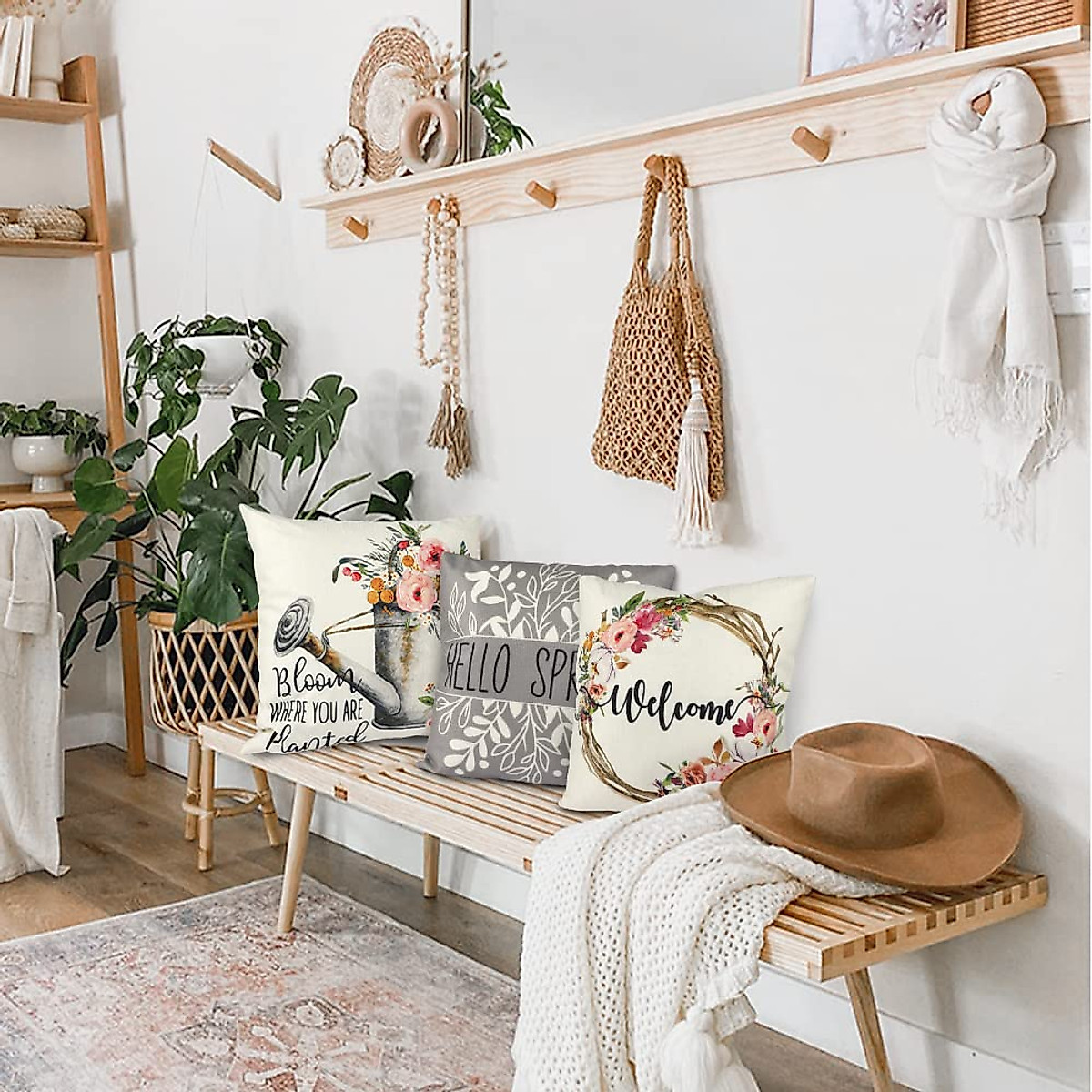 YGEOMER Farmhouse Pillow Covers 18x18 Set of 4, Gray Spring Pillow Covers, Farmhouse Flower Decorative Summer Throw Pillow Covers, Outdoor Home Decor