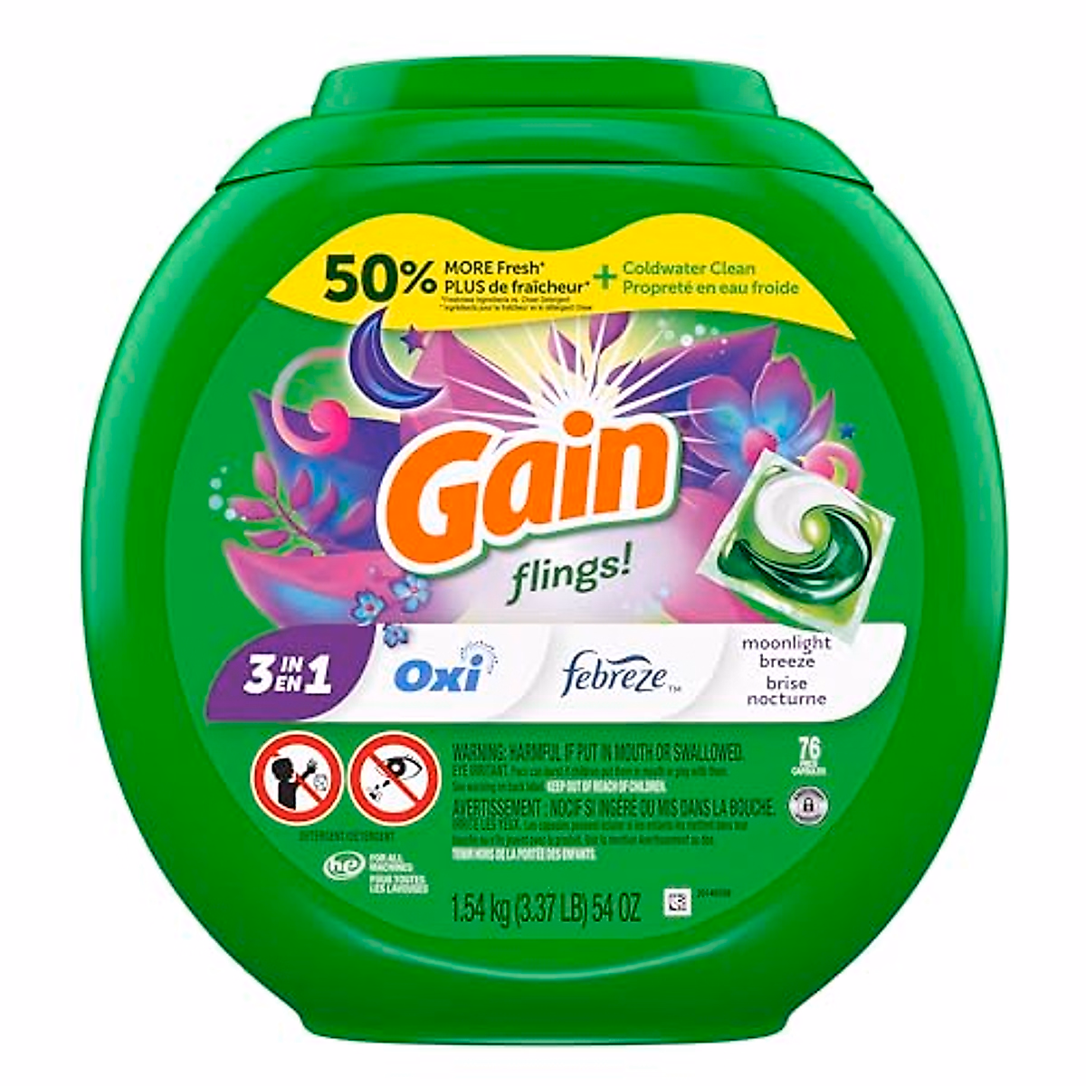 Gain flings Laundry Detergent Soap Pacs, HE Compatible, Long Lasting Scent, Moonlight Breeze Scent, 76 Count