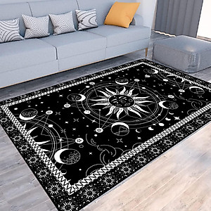 EDGZKO Sun and Moon Rug for Bedroom: 3x5 Moon Phase Rugs Boho Black and White Celestial Rug Witchy Area Rug for Dorm Living Room Kitchen Lunar Tarot Astrology Floor Mat Carpet