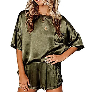 Pajama Sets Womens Silk Satin Pajamas Family Set Short Sleeve Nightwear with a Pocket Soft Loungewear for Summer Spring,2-imitation Silk-green,X-Large
