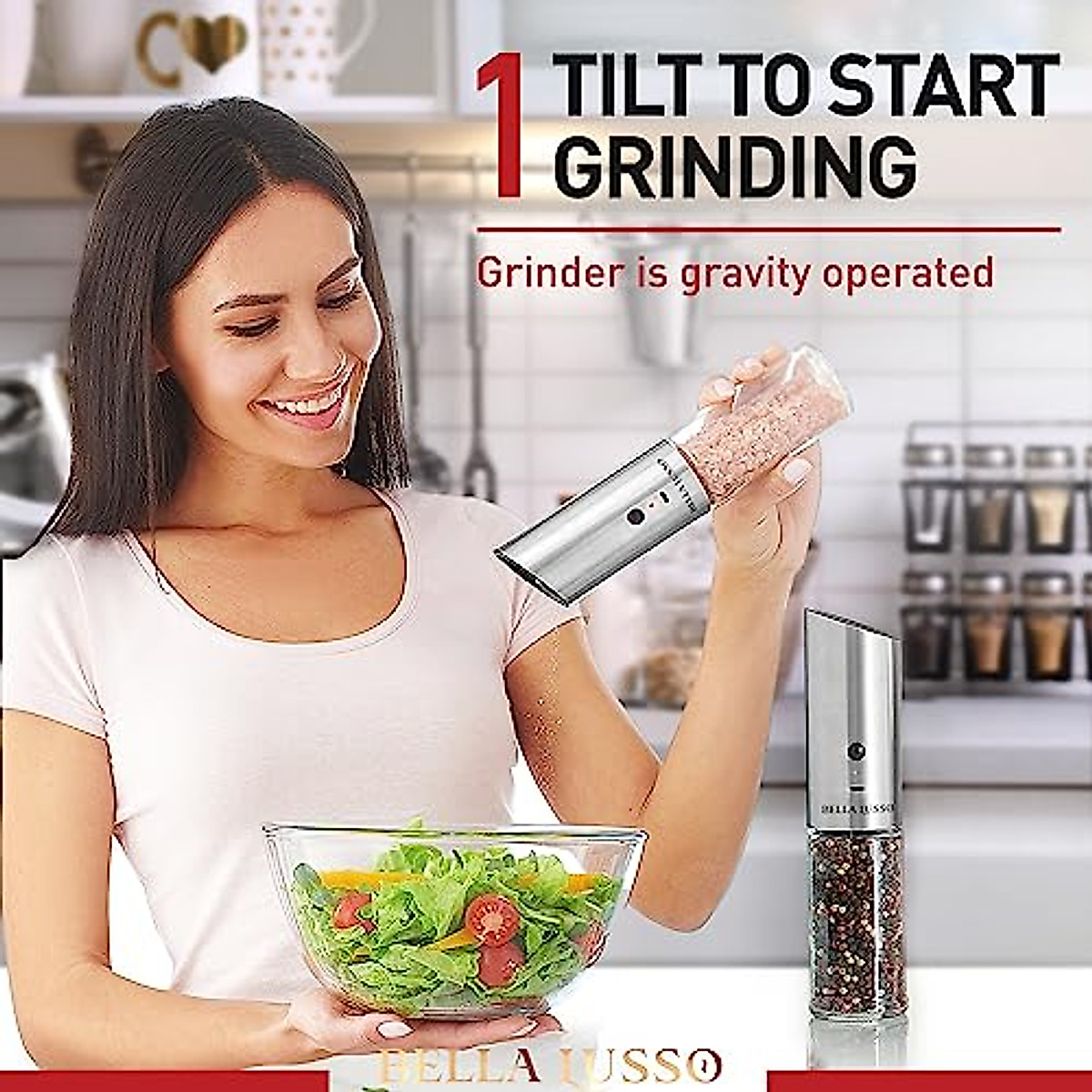 Gravity Electric Salt & Pepper Grinder Set - Adjustable Coarseness - Rechargeable Battery Powered - Refillable Glass Jars - Automatic Operation One Hand Spice Mill - Stainless Steel Kitchen Gadget