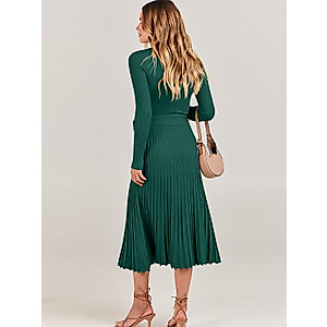 ANRABESS Women Long Sleeve Sweater Dress Wrap V Neck Pleated Ribbed Knit A Line Belted Tie Waist Midi Dress Fall Outfits deep green Small