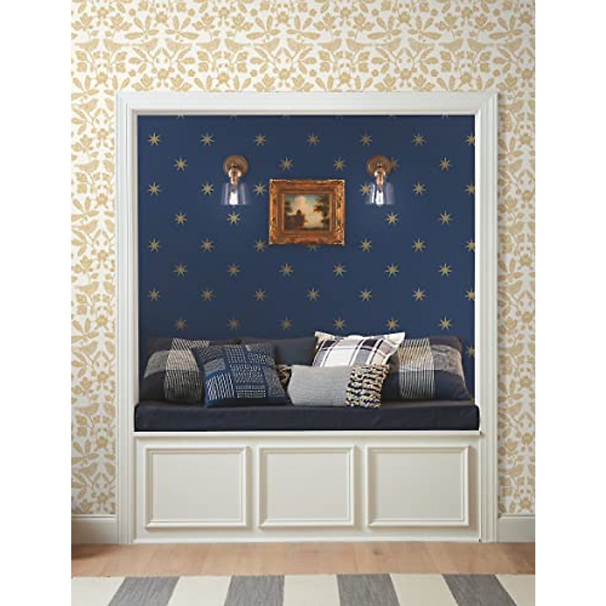 Erin & Ben Co. PSW1451RL Navy and Metallic Gold Star Splendor Premium Peel and Stick Wallpaper Blue