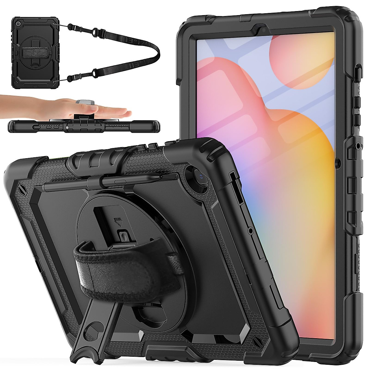 BLOSOMEET Case for Samsung Galaxy Tab S6 Lite 10.4" 2024/2022/2020 with Screen Protector S Pen Holder,Heavy Duty Case for S6 Lite Tablet P620/P625/P610/P613 with Stand Hand Shoulder Strap,Black