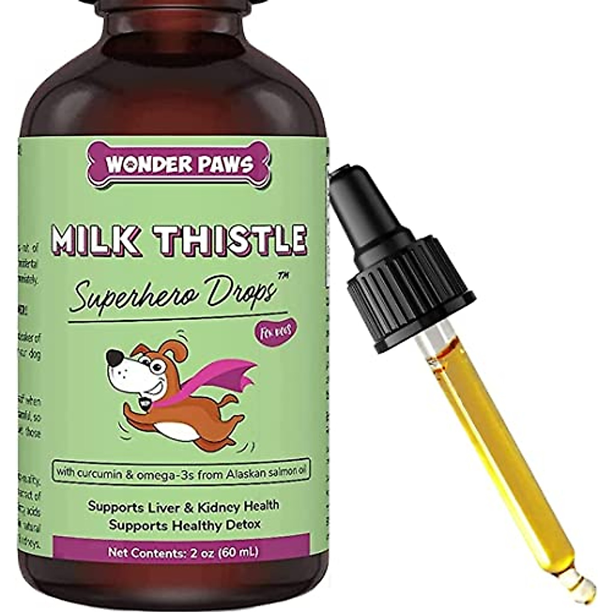 Wonder Paws Milk Thistle for Dogs, Liver Support for Dogs, Supports Kidney Function for Pets, Detox, Hepatic Support, with Wild Alaskan Salmon Oil & Curcumin, Omega 3 EPA & DHA - 2 oz Pet Supplement