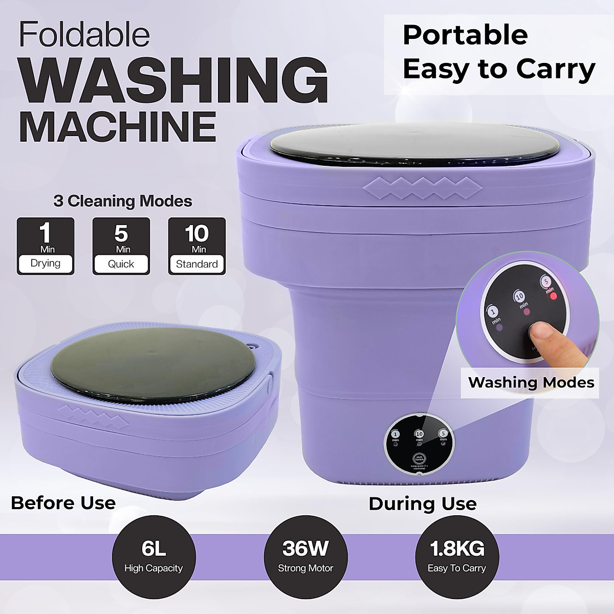 Foldable Portable Washing Machine - Mini Washer & Dryer Combo Washing Machine Suitable for Small Clothes Socks & Underwear, Collapsible Wash Machine for Baby Clothes Apartments Dorm & Travel - Purple