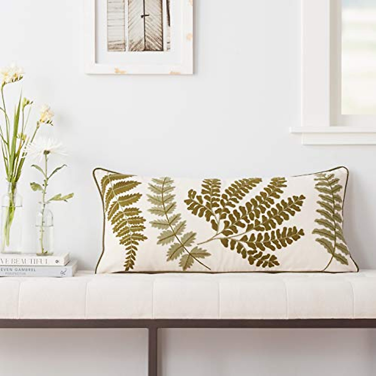 Creative Co-Op White Rectangle Cotton Pillow with Embroidered Green Ferns