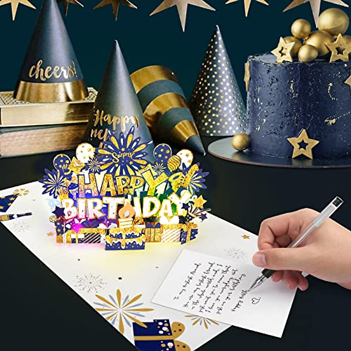 INPHER Large Birthday Card Light and Music Pop Up Happy Birthday Card Musical Birthday Gift Greeting Cards Birthday Cards for Mom, Dad, Husband, Wife, Sister, Navy Blue