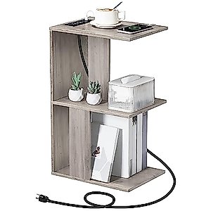 MAHANCRIS End Table with Charging Station, Narrow Side Table for Small Spaces, Sofa Couch Table with Storage Shelf, Slim Nightstand with Light, Beside Table for Bedroom, Living Room, Greige ETHG18E01