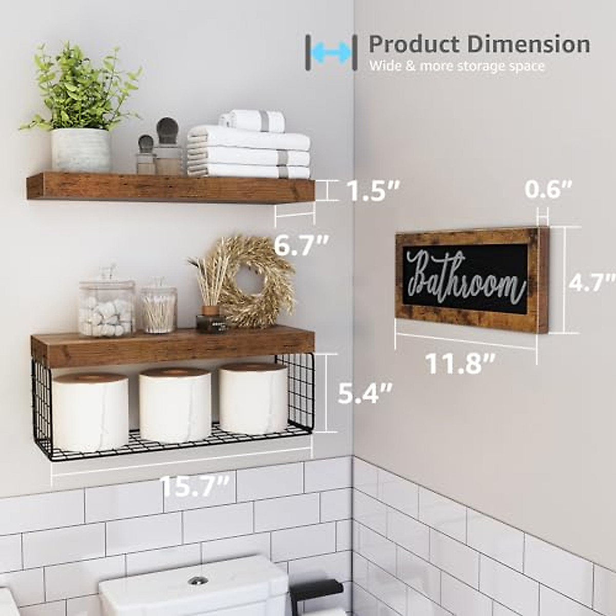 QEEIG Bathroom Decor Shelves Over Toilet - Farmhouse Decorations Aesthetic Décor Sign Small Floating Wall Shelf Paper Storage 2+1 Set 16 inch, Rustic Brown (020BN)
