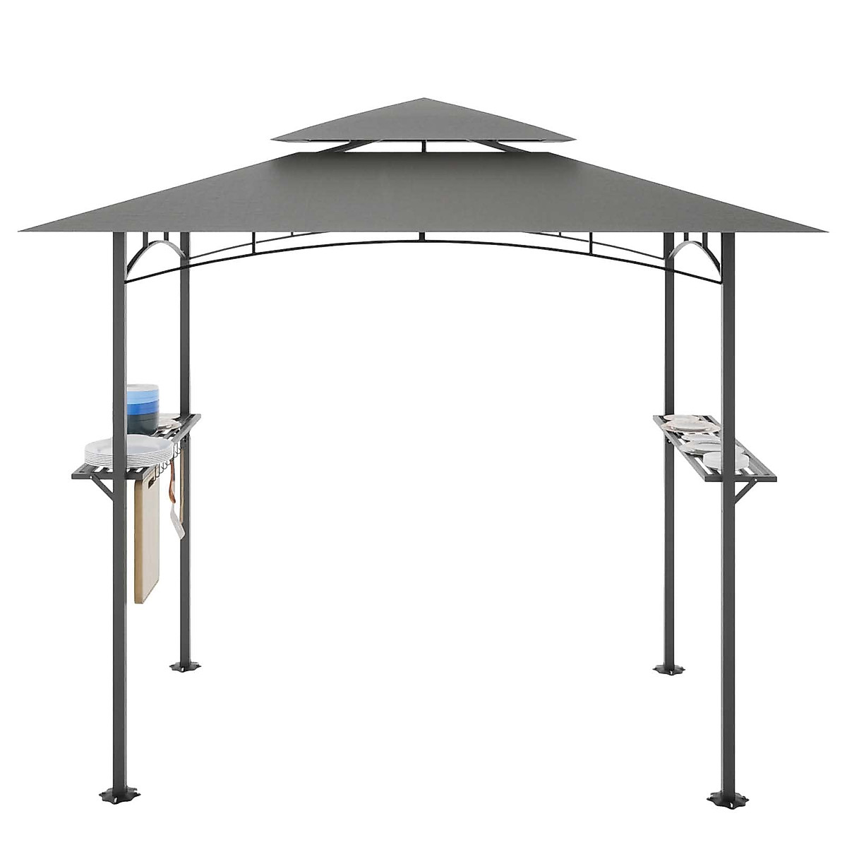 8X 5 FT Grill Gazebo Canopy Top, Gazebo Roof Double Tiered, Water-Repellent, Outdoor BBQ Roof Cover Grill Shelter with 2 Side Shelves, 5 Hooks, Bottle Opener, Barbecue Grill Gazebo Shelter (Gray)