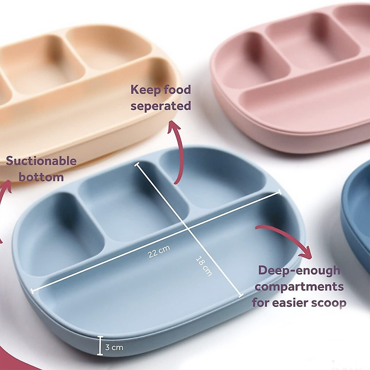 Toddler Plates with Lid Weaning Spoon Fork Set, Santi & Me Silicone Baby Plates with Suction Solid Feeding Dishes and Utensils Set - BPA Free, Microwave & Dishwasher Safe(Dusty blue)