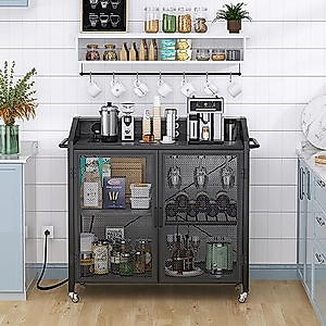 Cyclysio Sideboard Buffet Cabinet with Power Outlets, Wine Bar Cabinet with LED Lights Kitchen Cabinet Modern Accent Buffet Cabinet with Door for Bedroom, Living Room, Kitchen, Office Grey